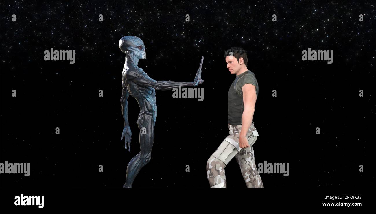 3d illustration of a blue alien with arm up stopping a human male in ...