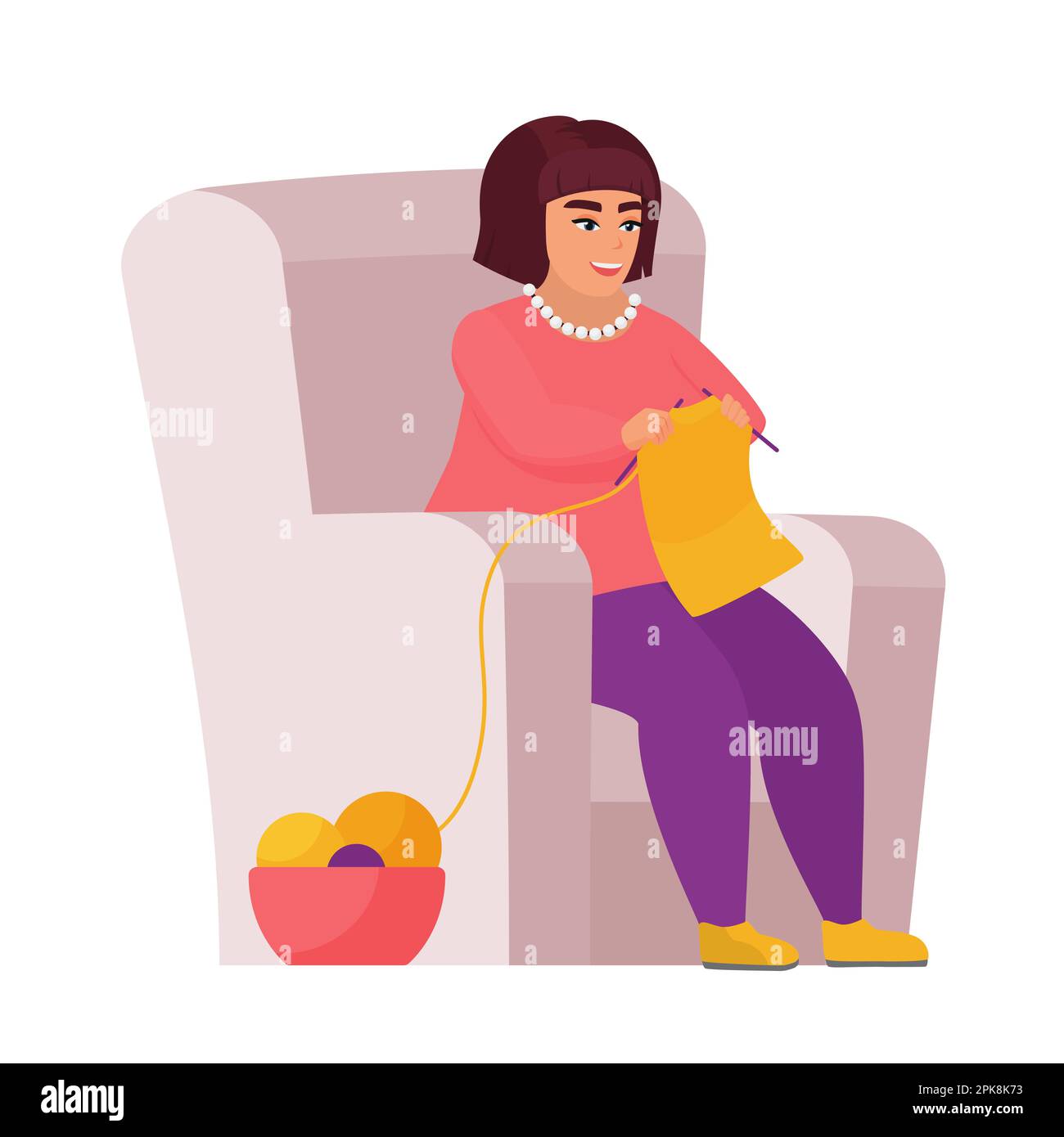 Fat Woman Knitting In Armchair Obese Female Sitting In Armchair Vector