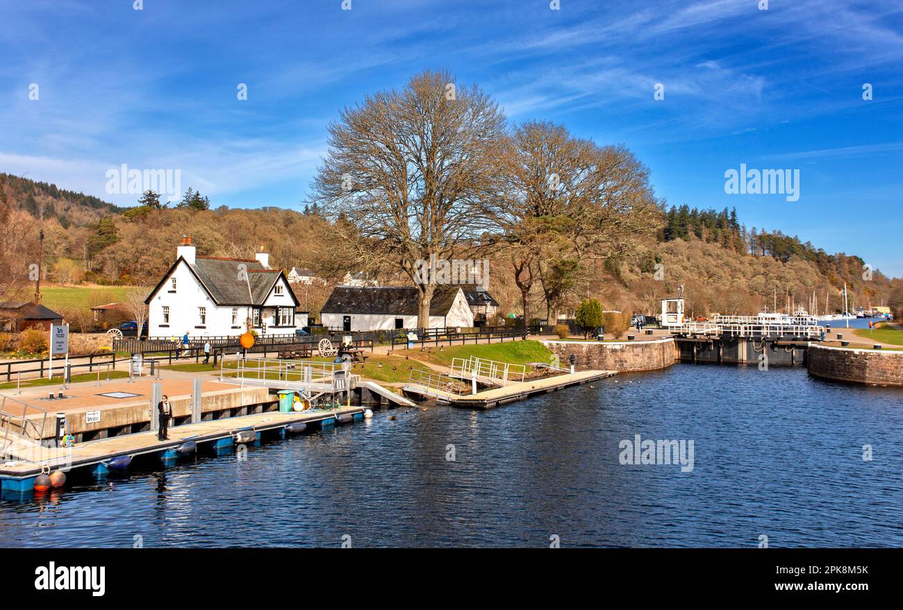 Caledonian Canal at Dochgarroch near Inverness Scotland houses piers ...