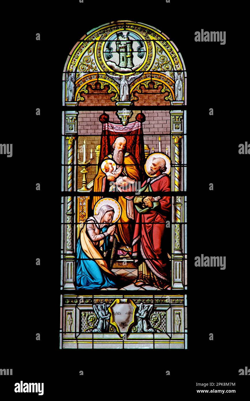 Clisson. Stained glass window of the Notre-Dame church. Loire ...