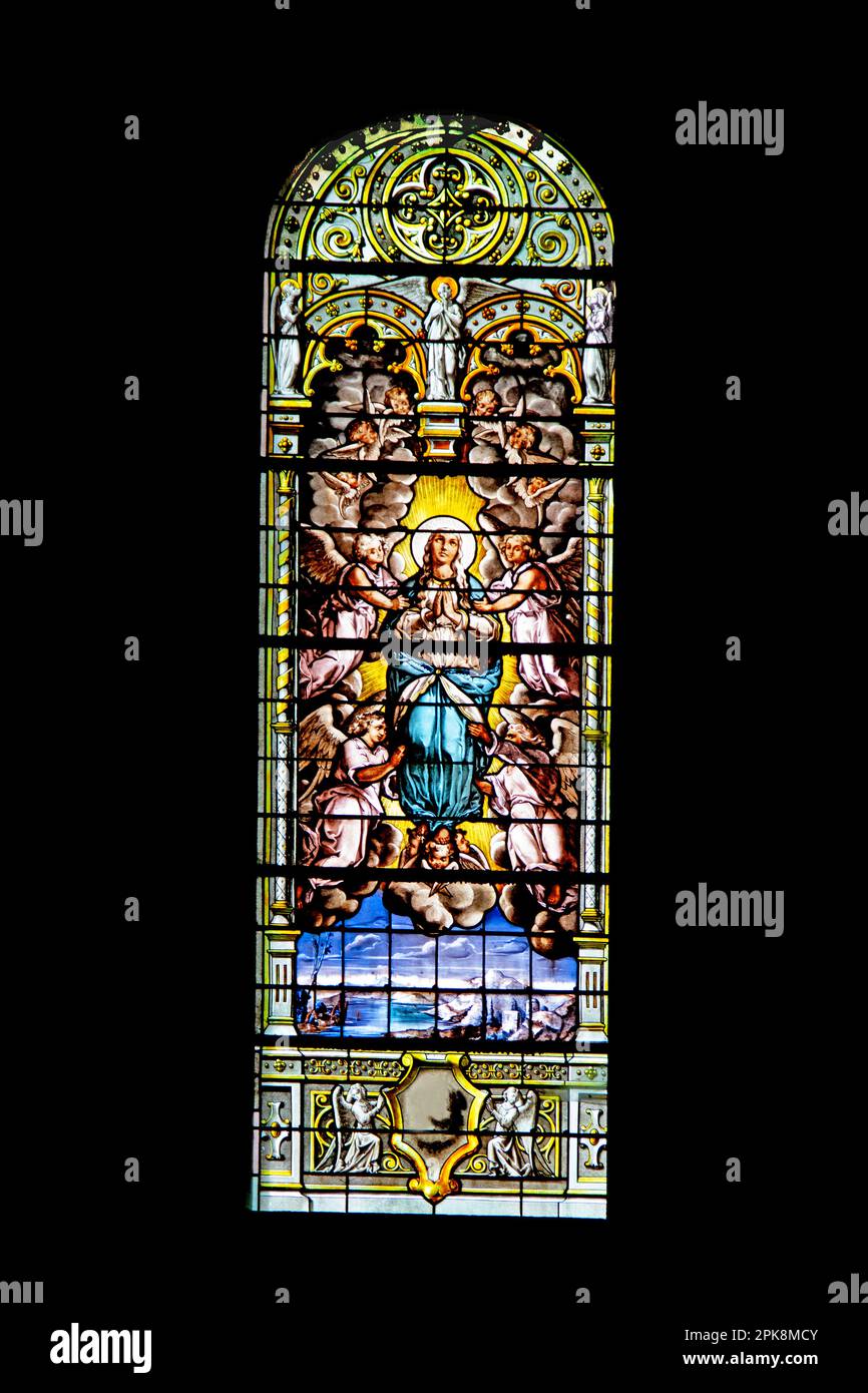 Clisson. Stained glass window of the Notre-Dame church. Loire ...