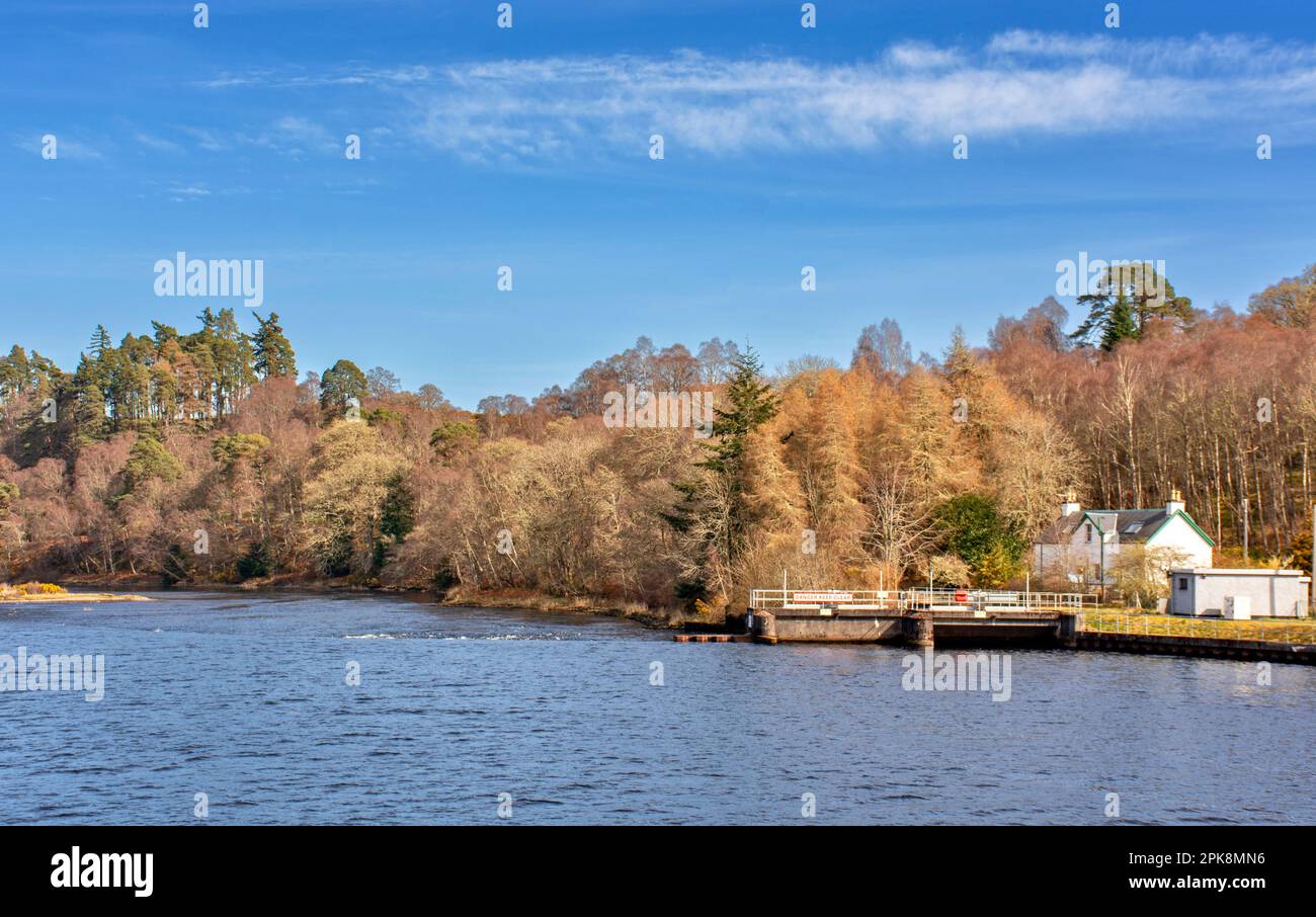 Loch Dochfour Caledonian Canal Scotland white house and sluice gates at ...