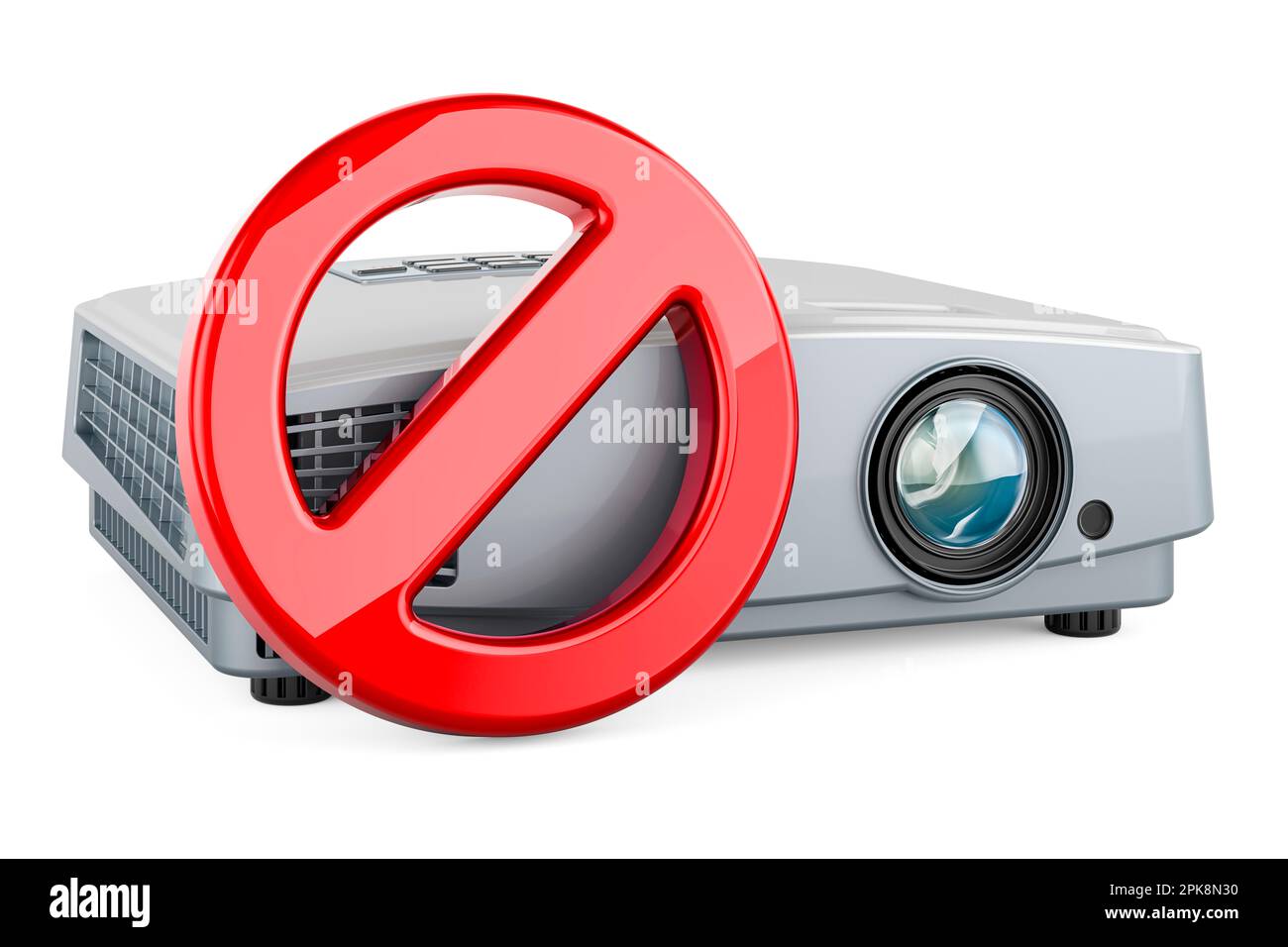 Projector with forbidden symbol, 3D rendering isolated on white ...