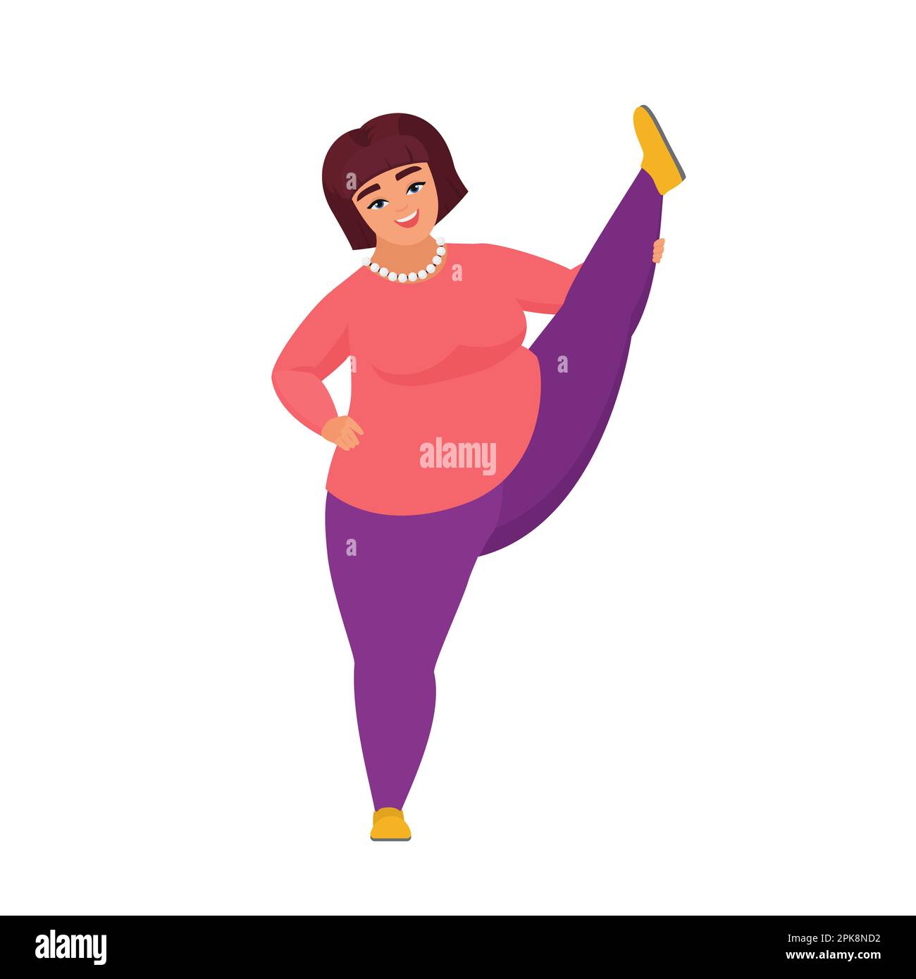Chubby woman with leg up. Fat woman stretching, obese woman yoga posing ...