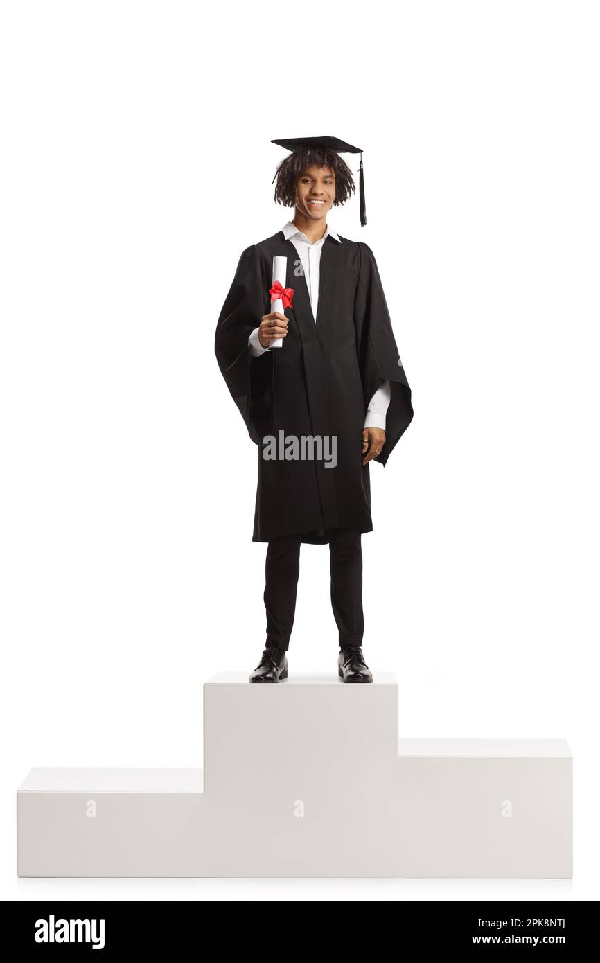 Male african american student in a graduation gown holding a diploma ...