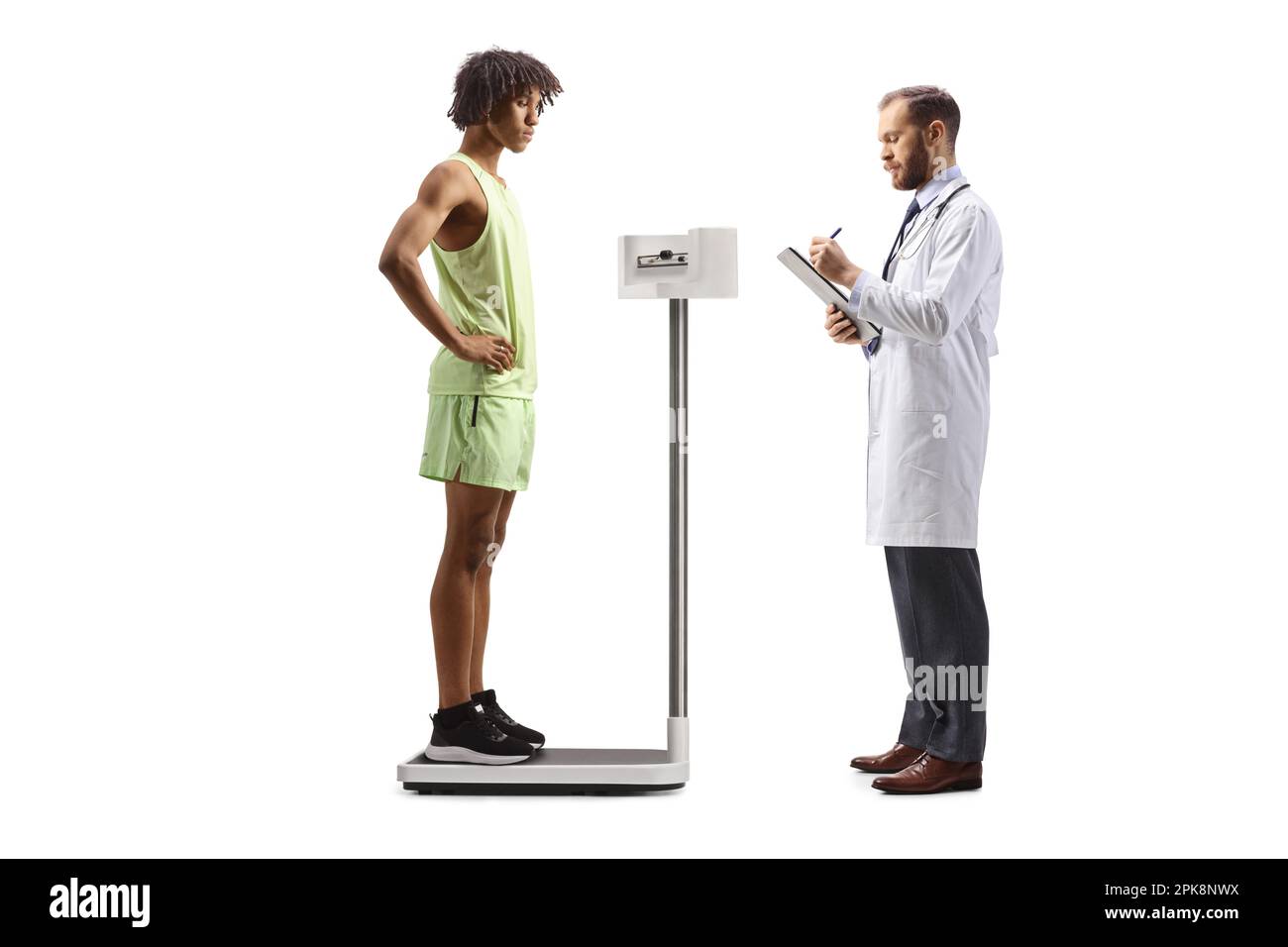 Doctor checking weight of a young african american male isolated on ...