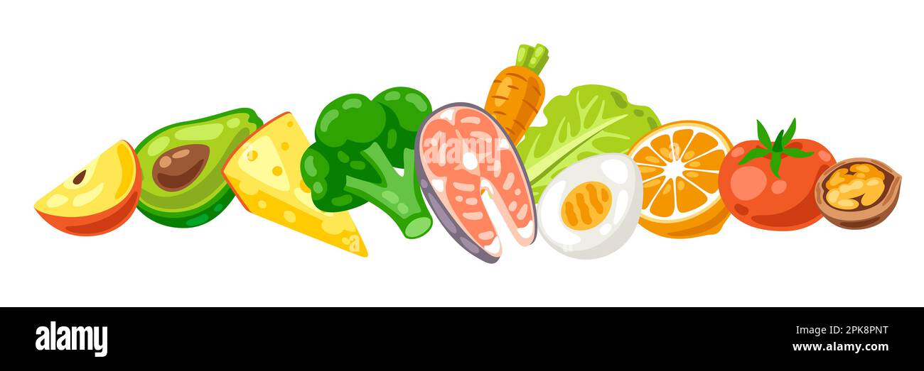 Illustration of healthy eating and diet meal. Fruits, vegetables and ...