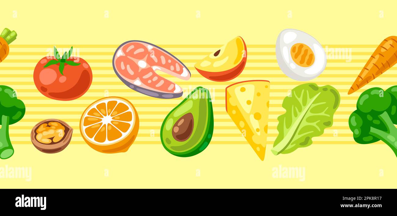 Seamless pattern with healthy eating and diet meal. Fruits, vegetables ...