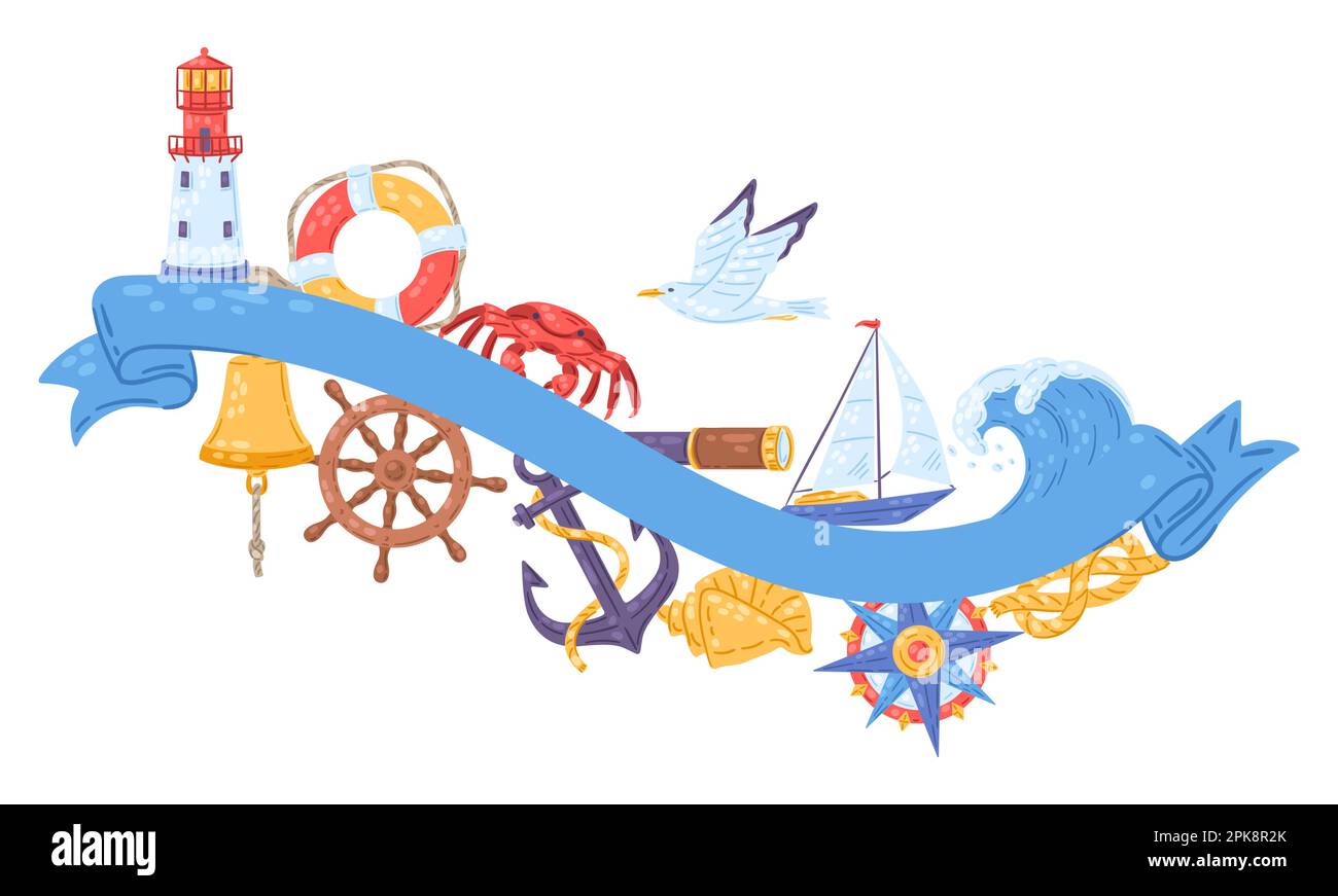 Background with nautical symbols and items. Marine cute illustration ...