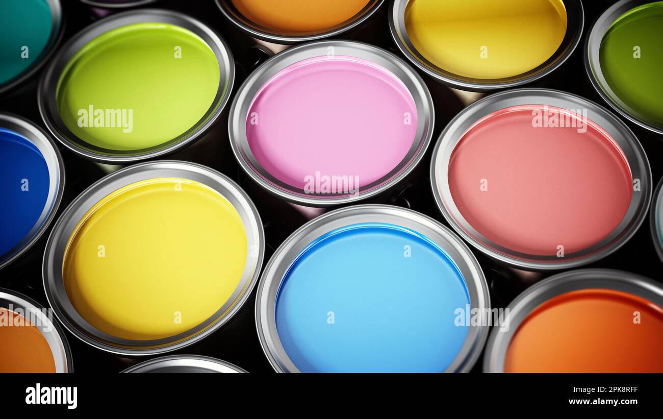 Multi colored paint cans background. 3D illustration Stock Photo - Alamy