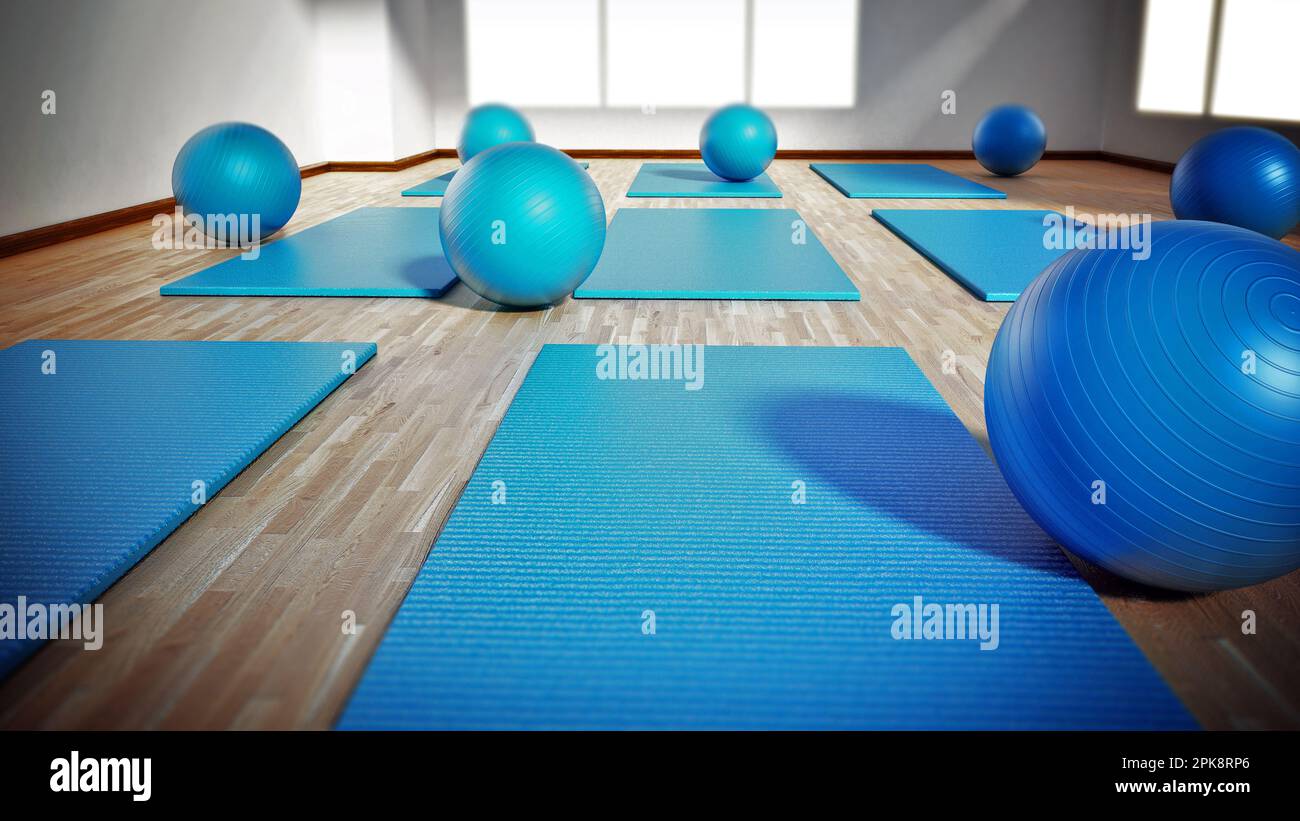 Pilates mat and exercise balls standing on parquet floor. 3D ...