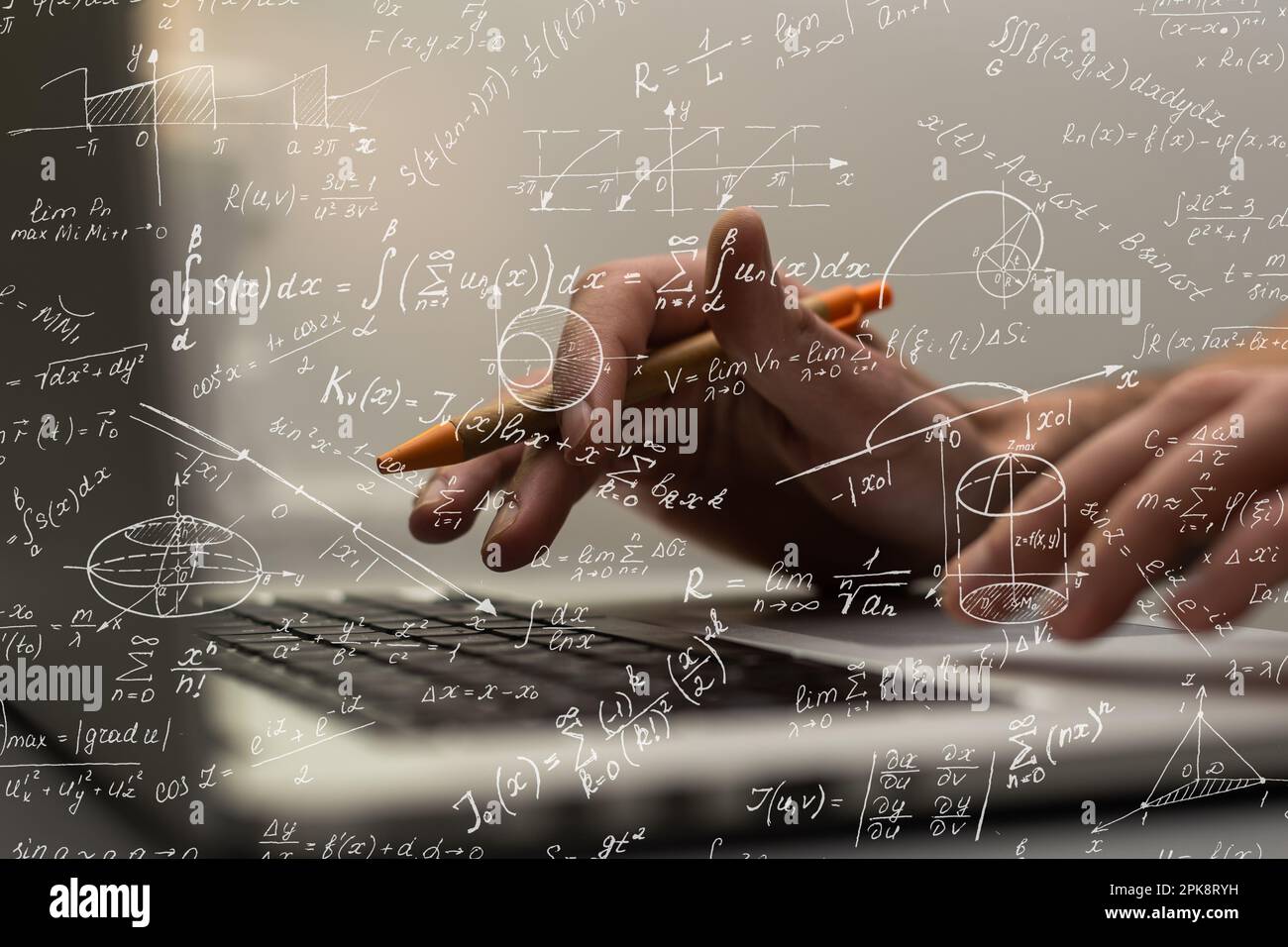 Student or teacher with mathematical and scientific formulas. Concepts ...