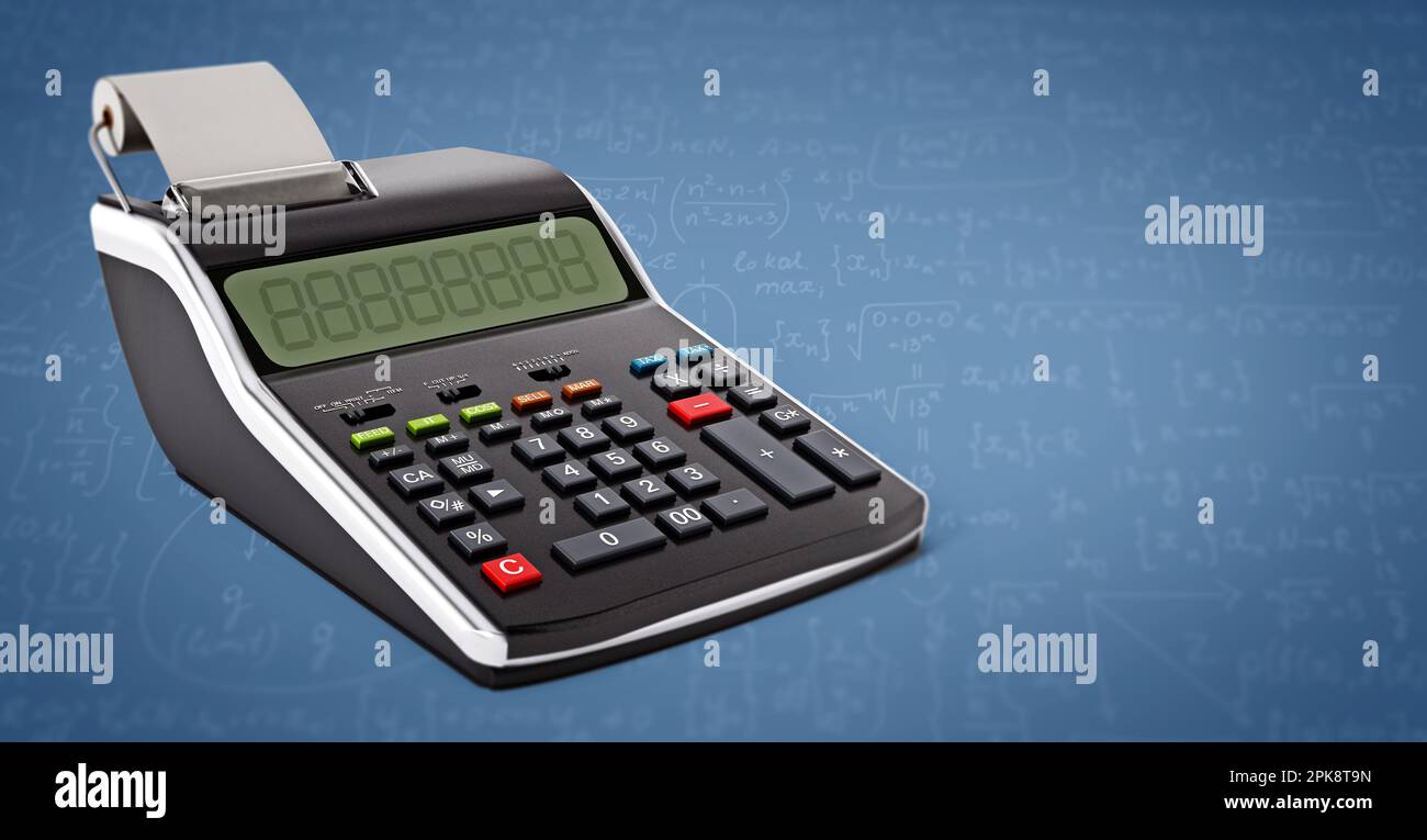 Print calculator standing on blue background. 3D illustration Stock ...
