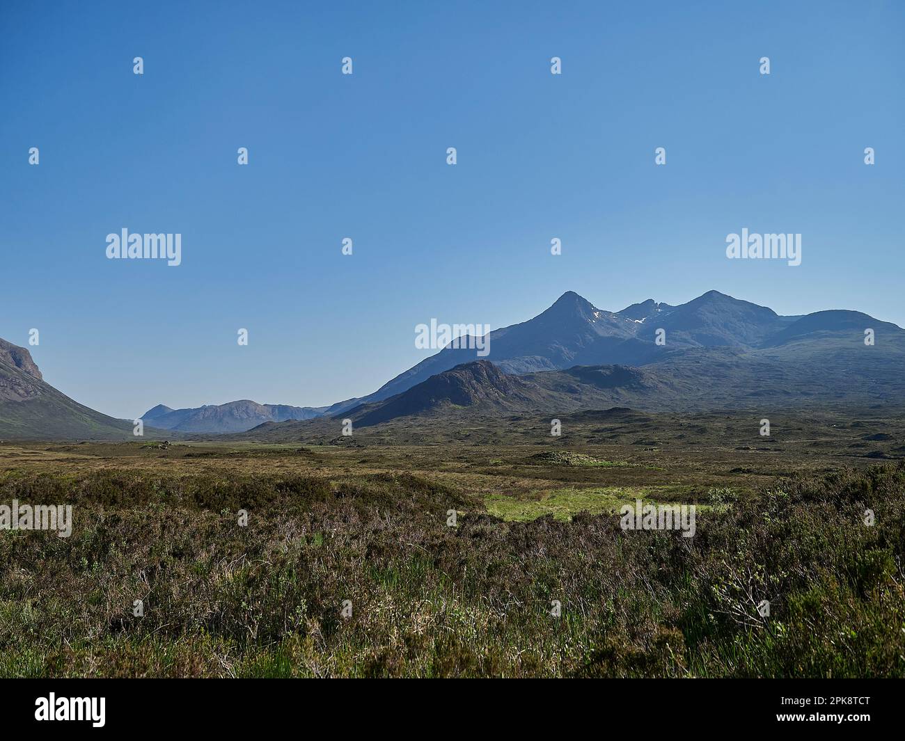 View over the black Cuillin mountains in the landscape on the Isle of ...