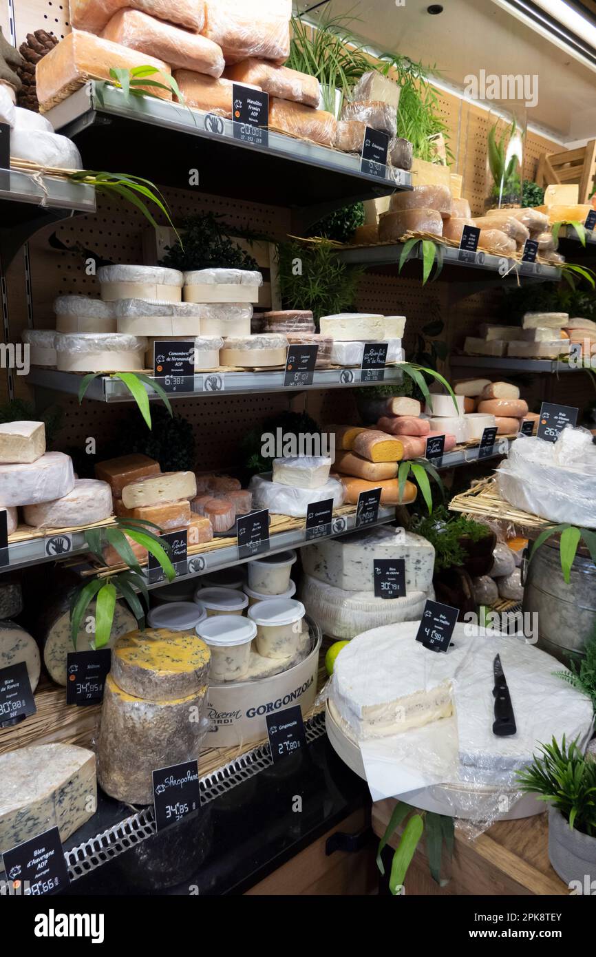 Various European cheeses on display inside cheese shop, France, Europe ...