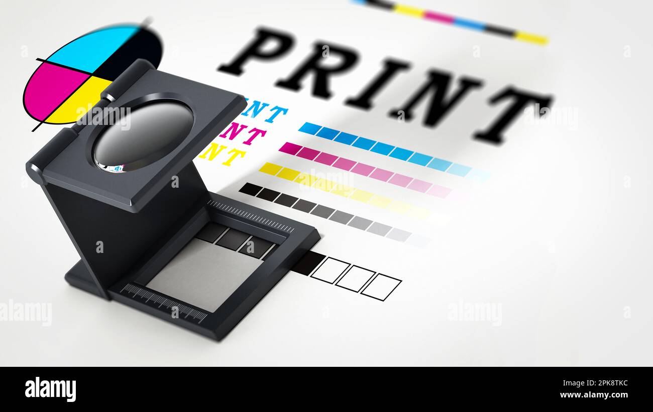 Printing loupe standing on colour test paper. 3D illustration Stock ...