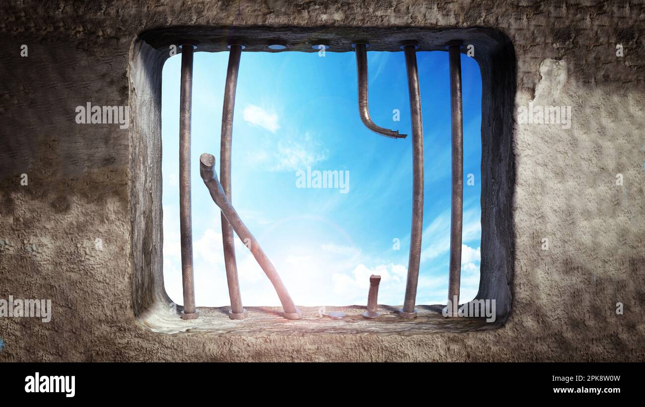 Prison cell with broken prison bars on the window. 3D illustration Stock Photo - Alamy