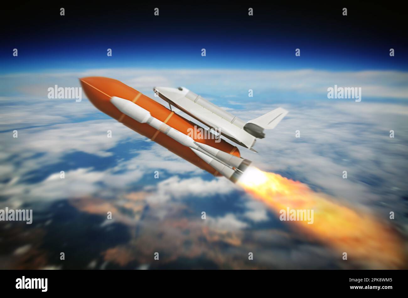 Space shuttle on the rocket and the Earth in the background. 3D ...