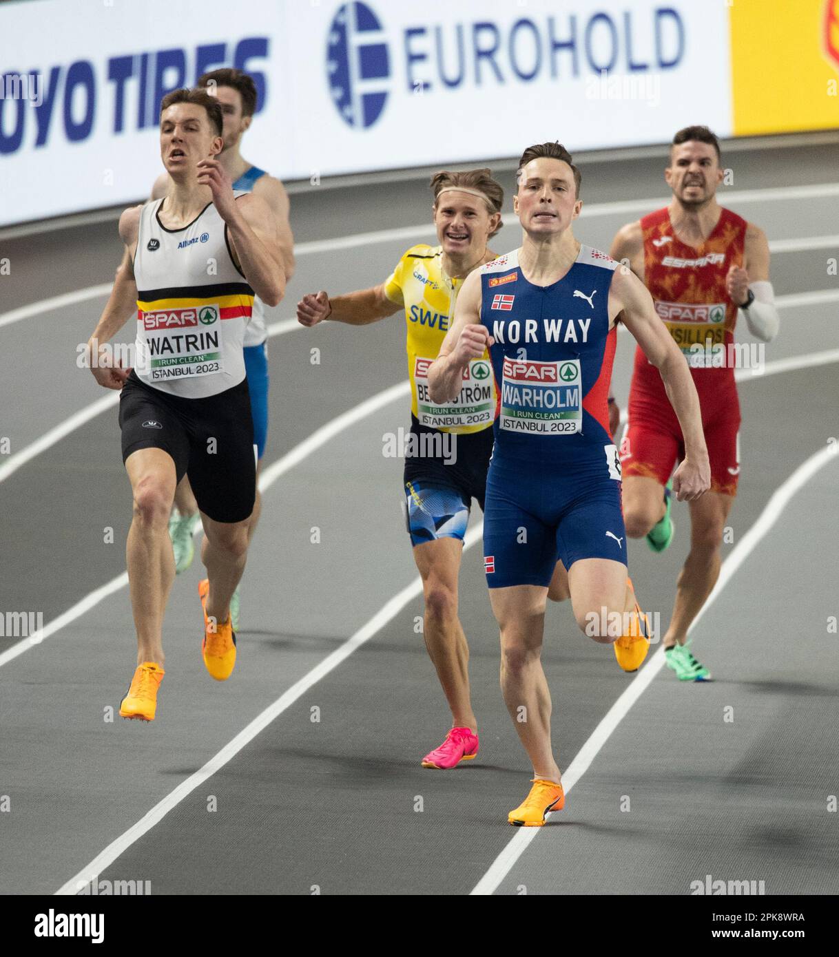 Julien Watrin of Belgium and Karsten Warholm of Norway competing in the ...