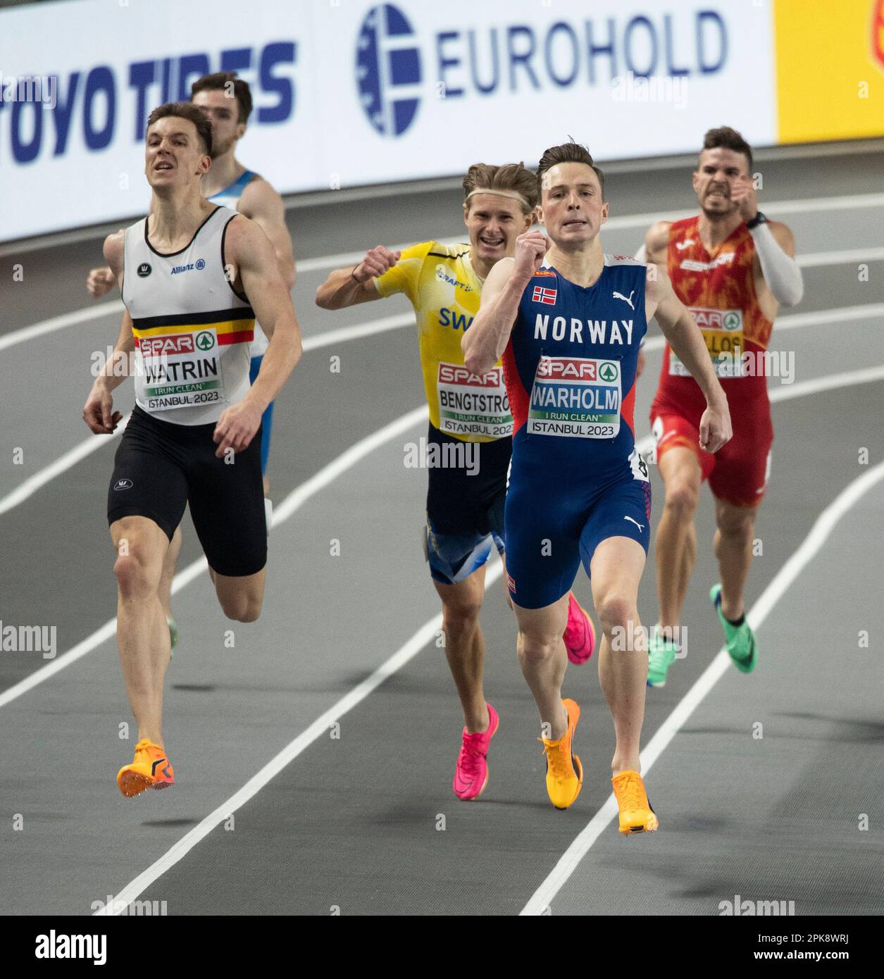 Julien Watrin of Belgium and Karsten Warholm of Norway competing in the ...