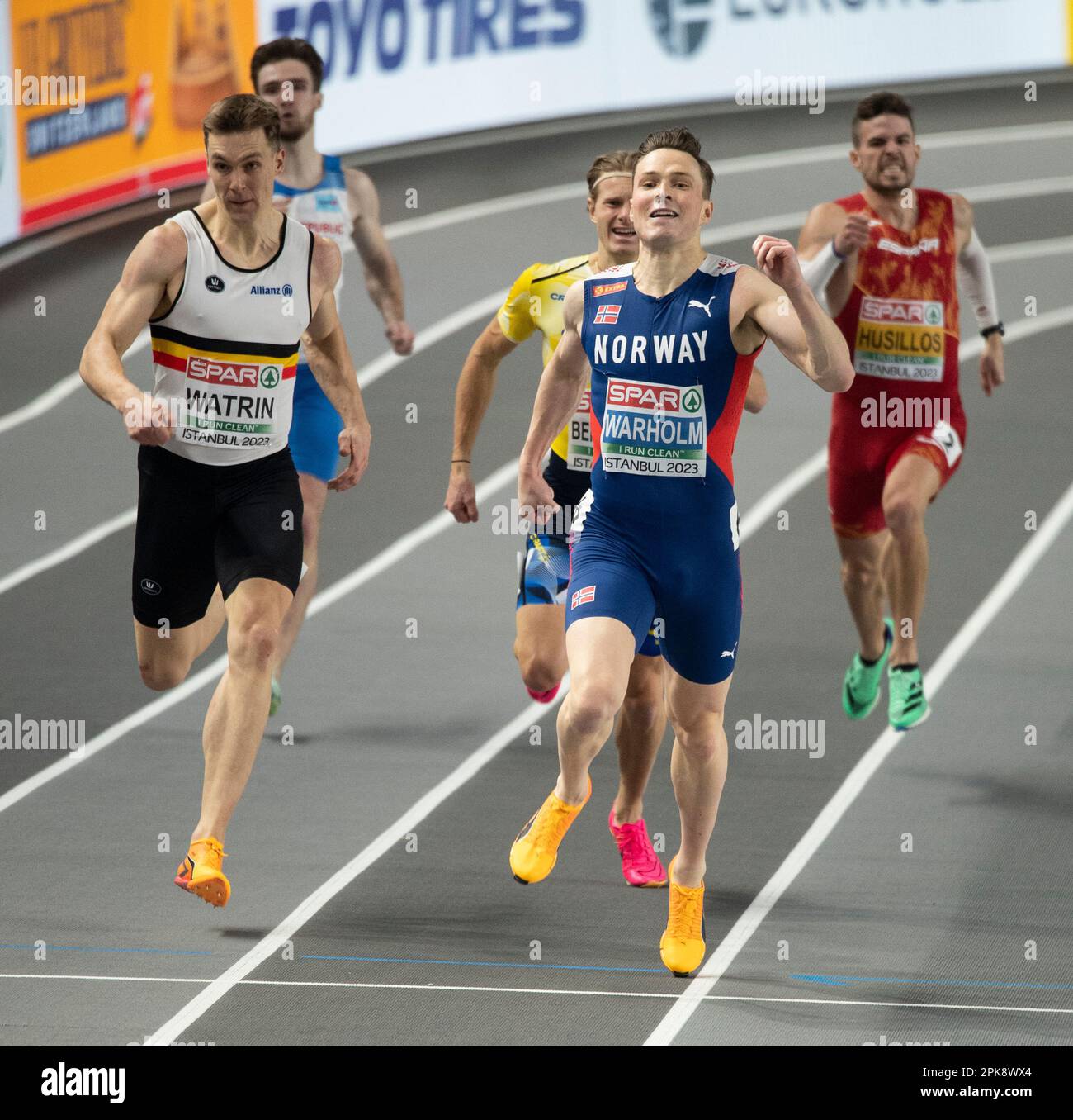 Julien Watrin of Belgium and Karsten Warholm of Norway competing in the ...