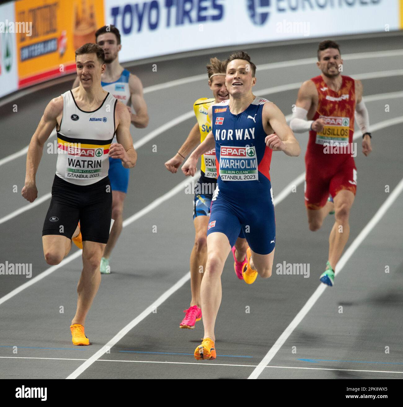 Julien Watrin of Belgium and Karsten Warholm of Norway competing in the ...