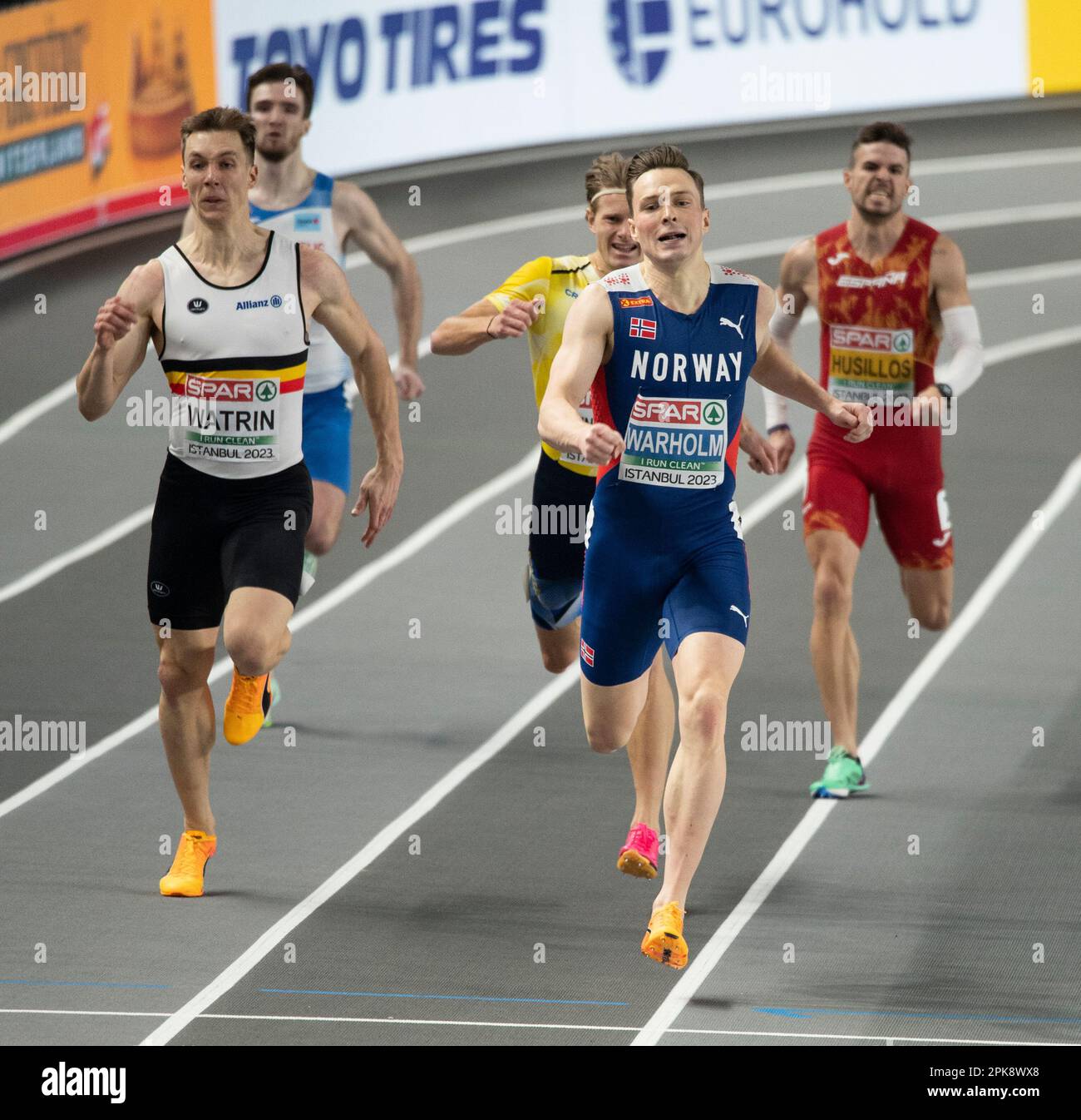 Julien Watrin of Belgium and Karsten Warholm of Norway competing in the ...