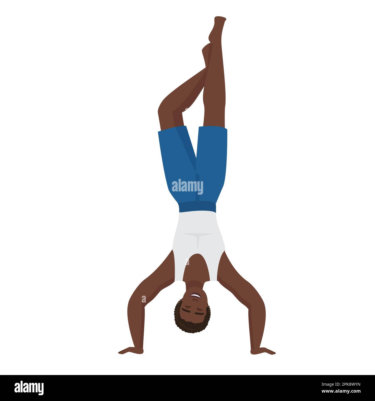 Sport male trainer in yoga pose. Fitness coach standing on the hands ...
