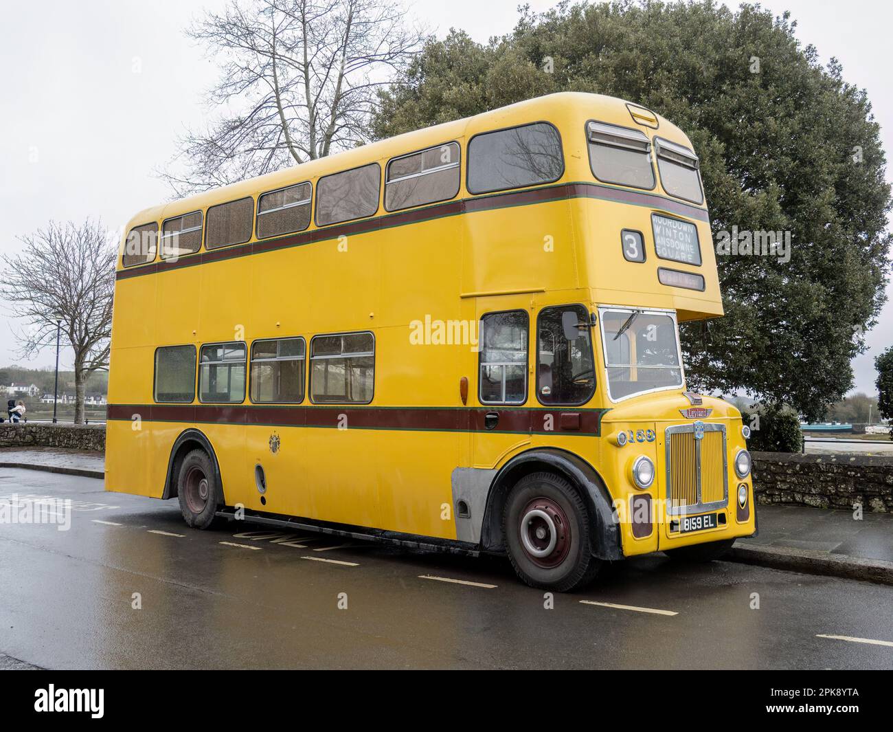 BIDEFORD, DEVON, UK - APRIL 1ST 2023: Yellow double decker Leyland bus ...