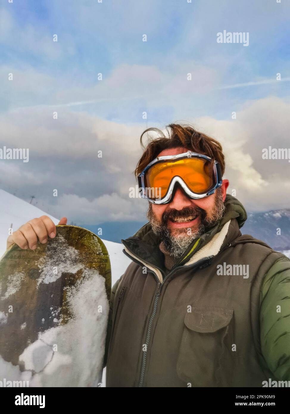 Man, beard, ski goggles, portrait, snowboard, slope, selfie Stock Photo ...