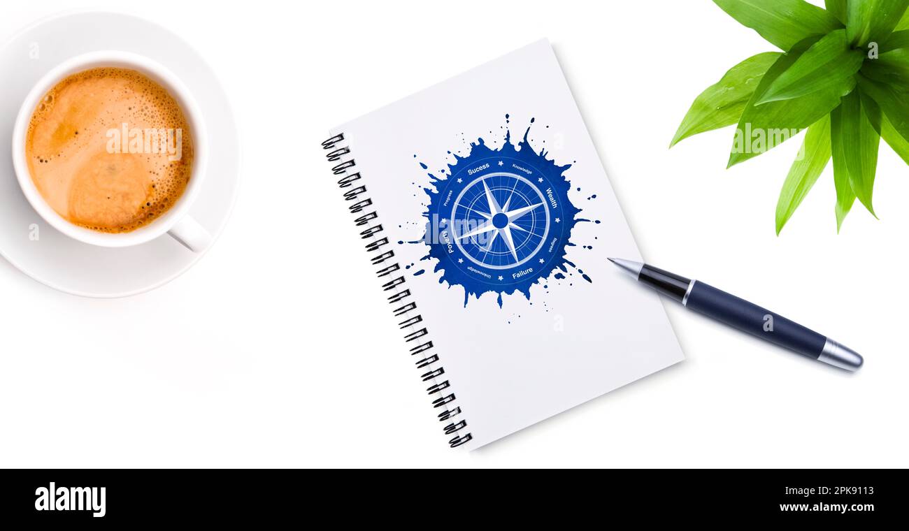 Block, drawing, compass with compass needle aligned for success, coffee ...