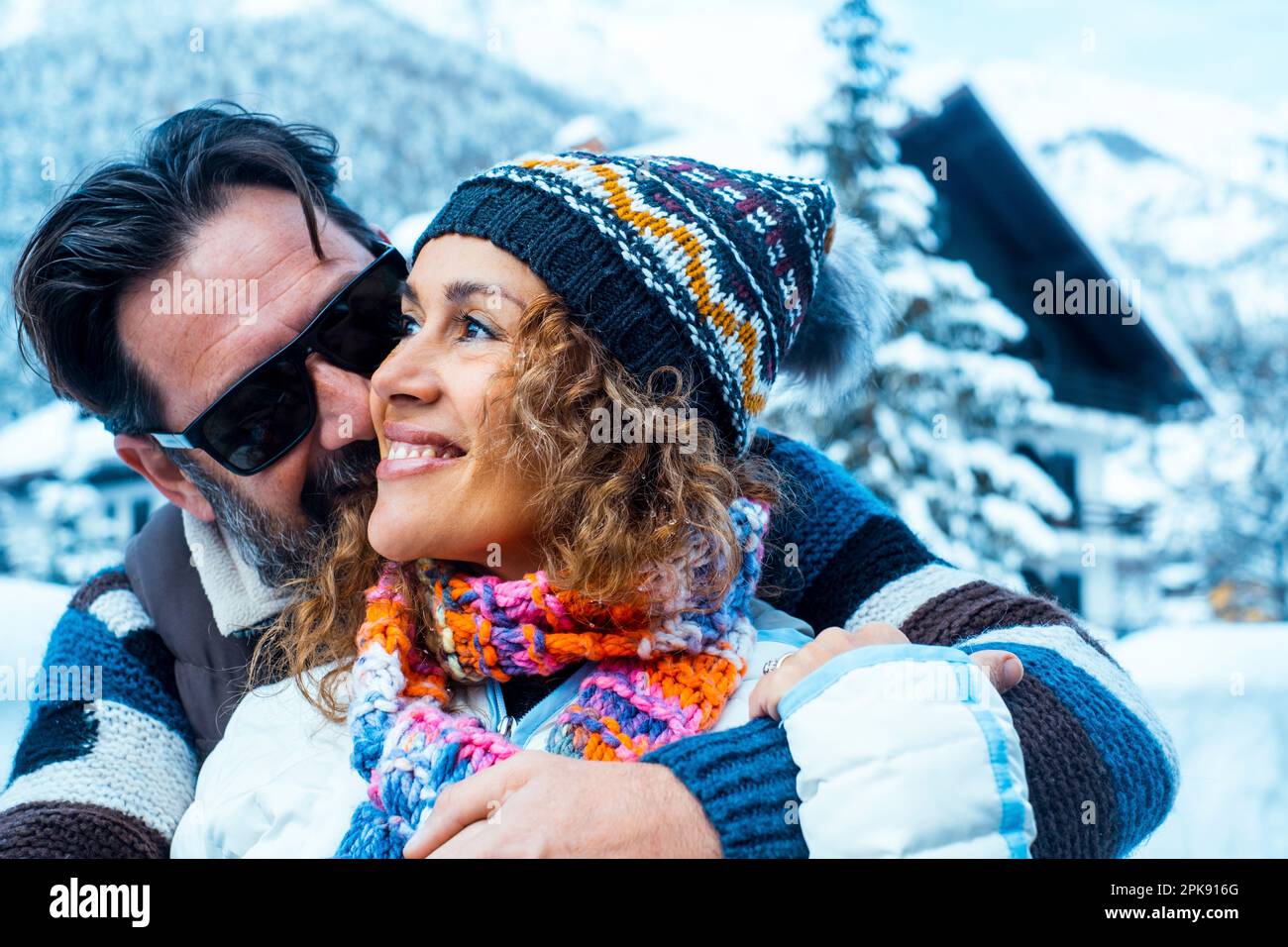 People in love in winter romantic holiday season vacation travel scenic ...