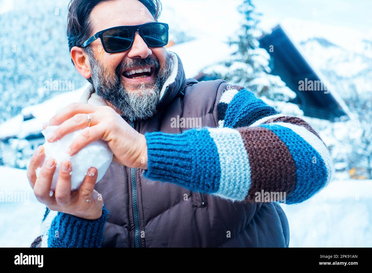 Man, Smile, Half portrait, Winter landscape, Snowball, throwing Stock ...