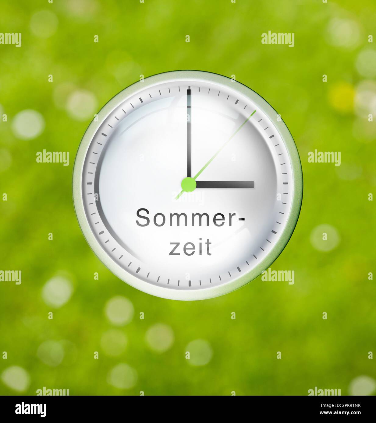 Clock, dial shows three o'clock, symbol for time change to daylight ...