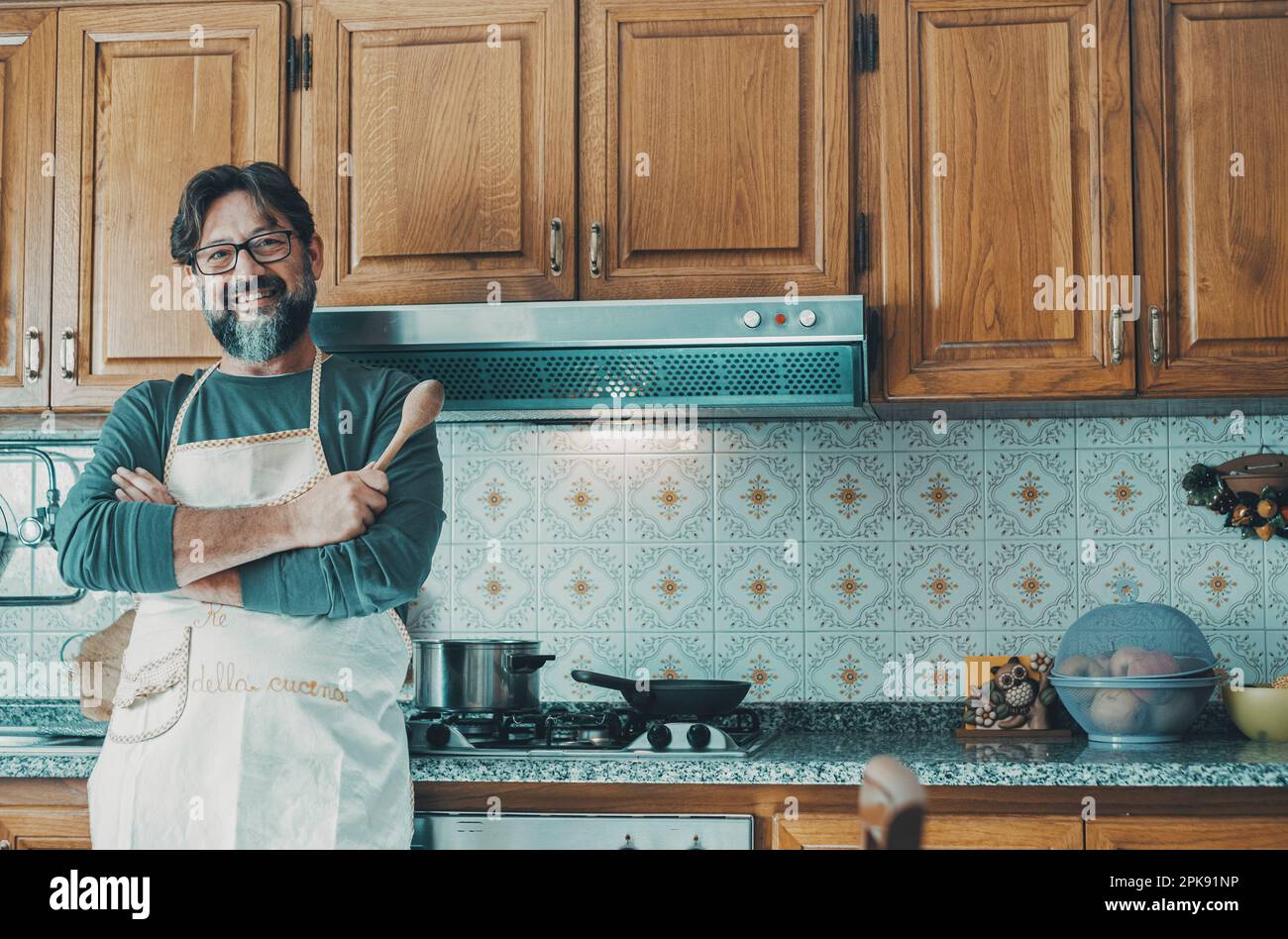Kitchen, Man, Apron, Cooking spoon, Smile, Cooking, half portrait Stock ...