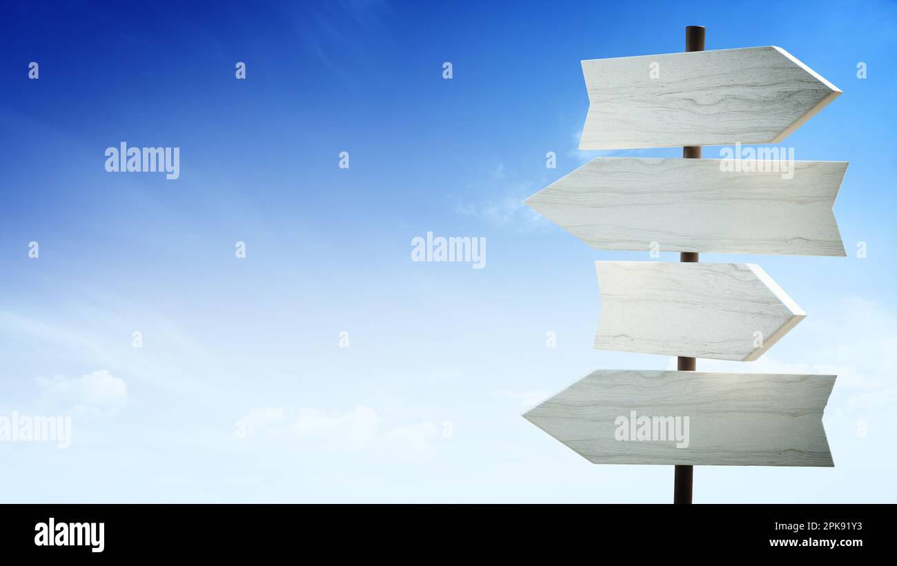 Signboard with blank arrows against blue sky background. 3D ...