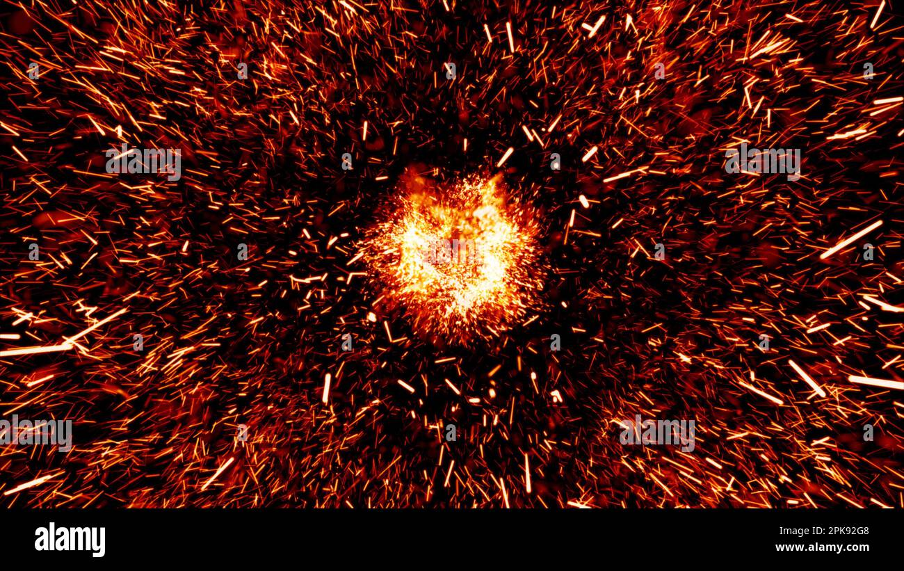 Fire flames on black background. Realistic fiery explosion with sparks ...
