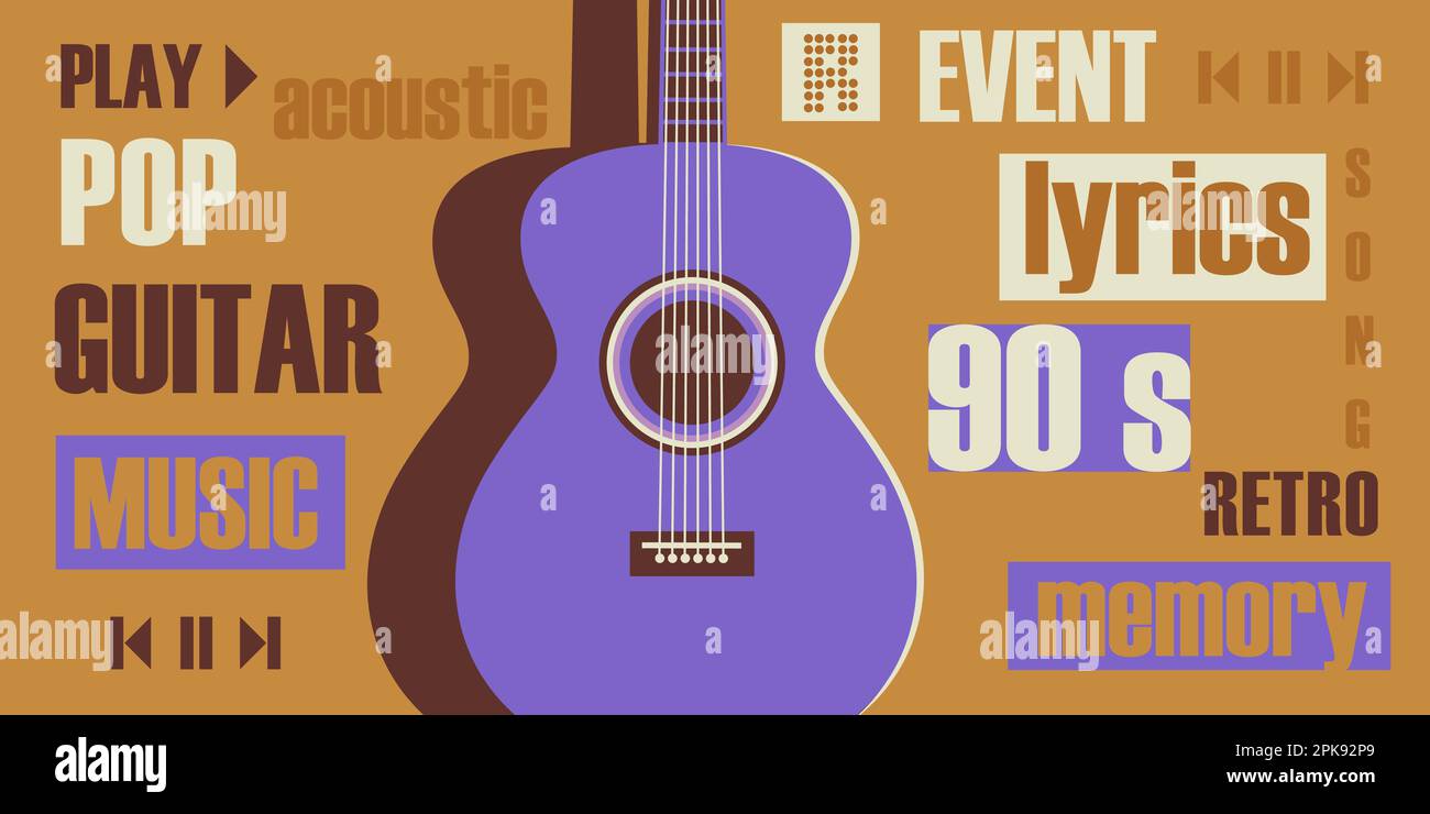 Acoustic guitar and next to it are many different inscriptions on a ...