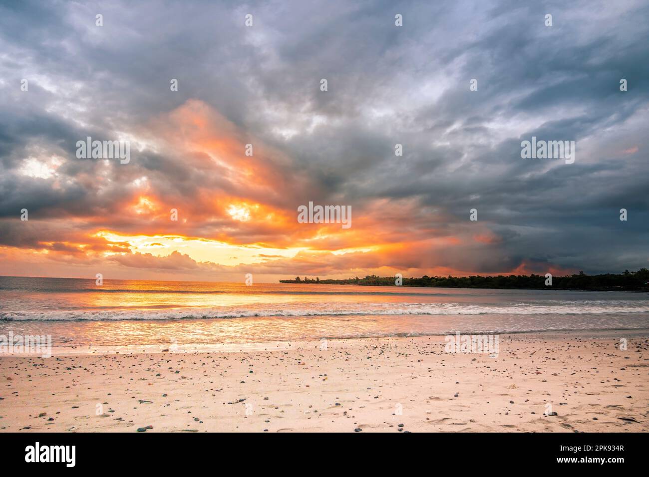 Tamarin Bay on Tamarin River in the evening at sunset, public sandy ...