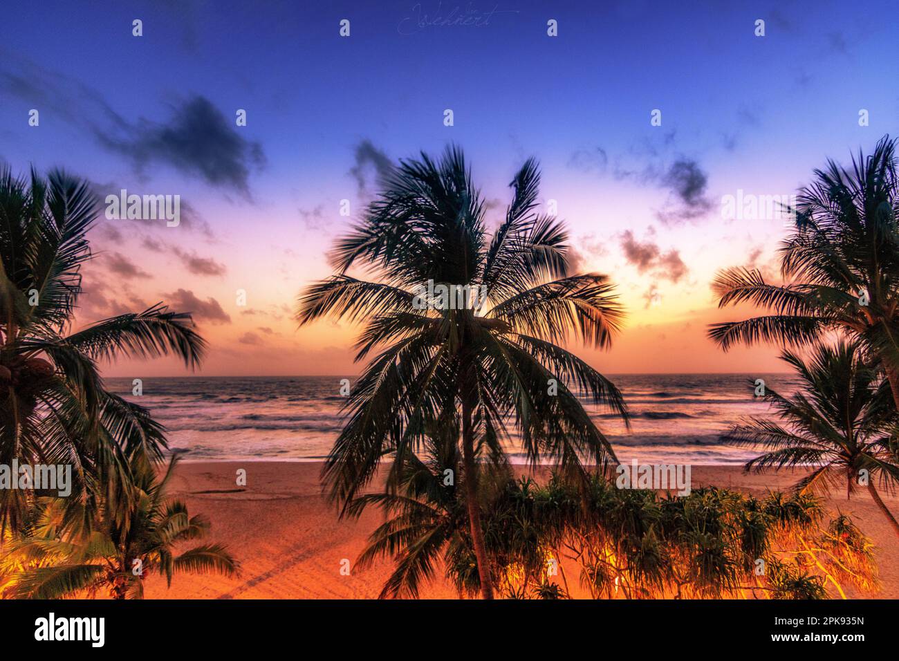Sandy beach in Sri Lanka near Bentota, sunset in the evening, beautiful ...