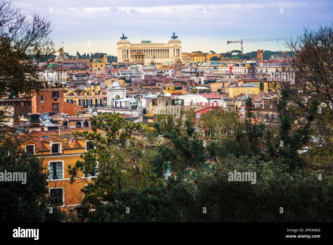 View over Ancient Rome in Italy, rainy weather in the morning. Busto di ...