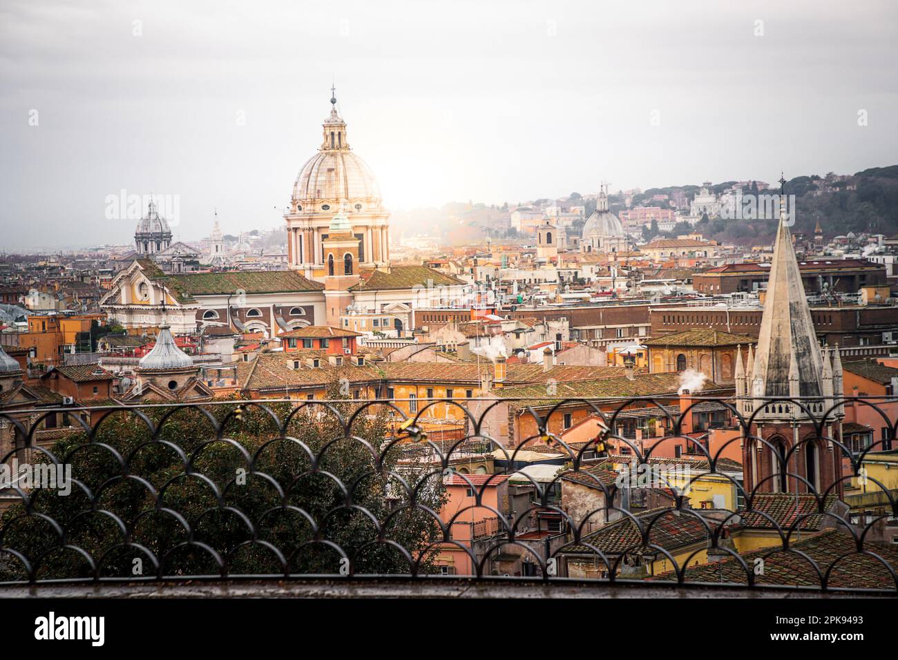 View over Ancient Rome in Italy, rainy weather in the morning. Busto di ...