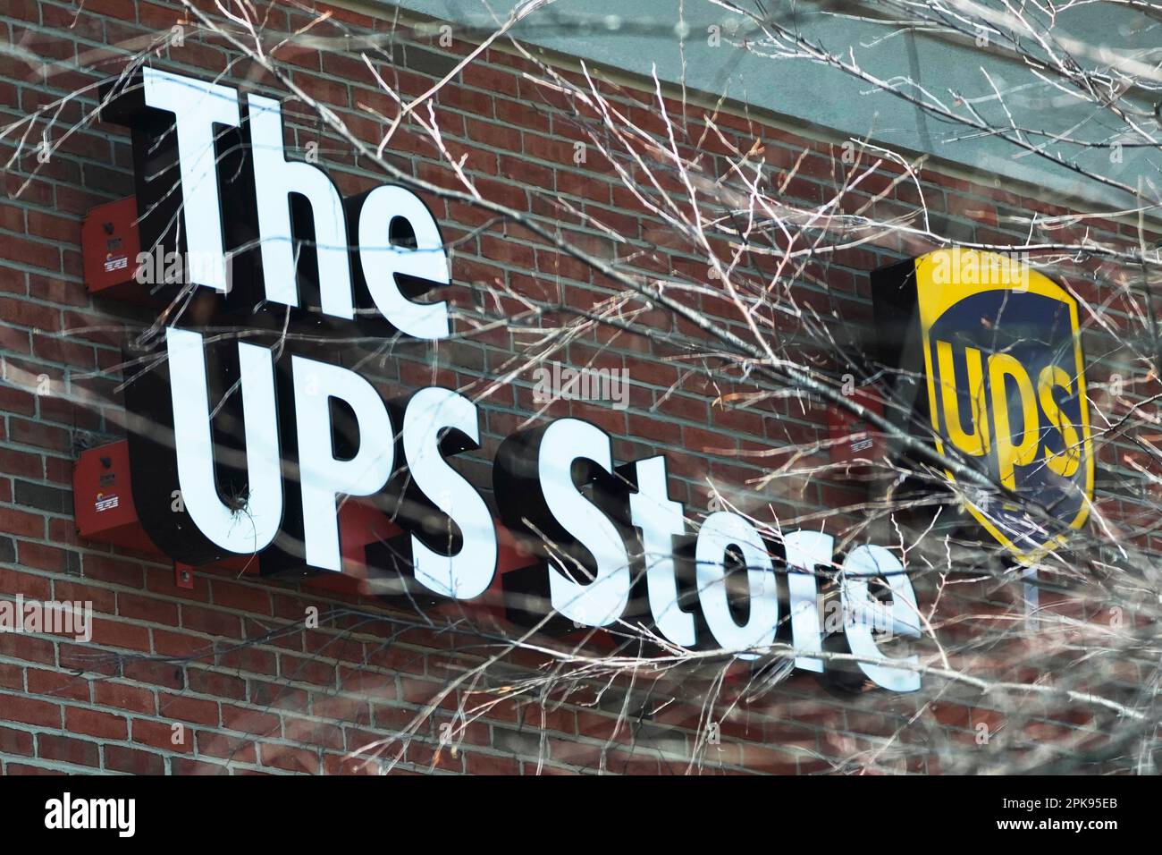 The UPS store logo is seen at a UPS store in Wheeling, Ill., Tuesday ...