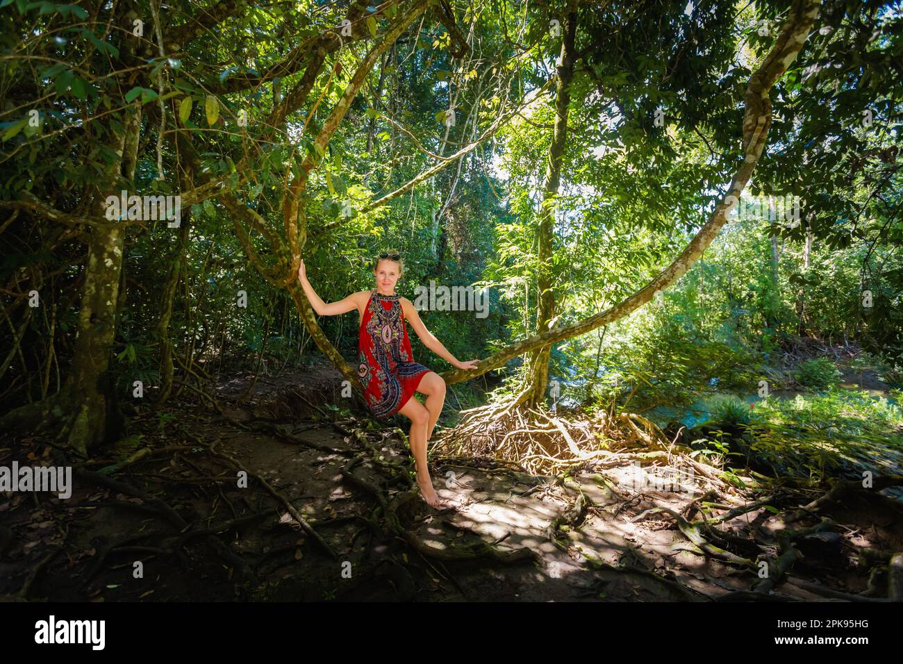 Young pretty woman in Roberto Barrios cascadas park, sitting on a tree ...
