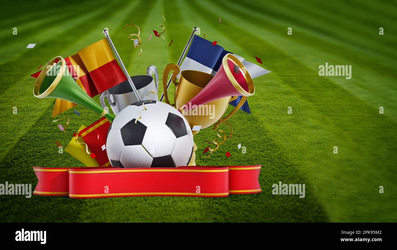 Soccer ball, flags, red ribbon and trumpets. 3D illustration Stock ...