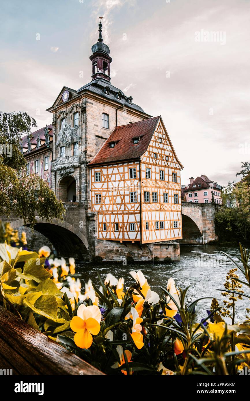 Bamberg, the historic Brücken Rathaus as a half-timbered building in ...