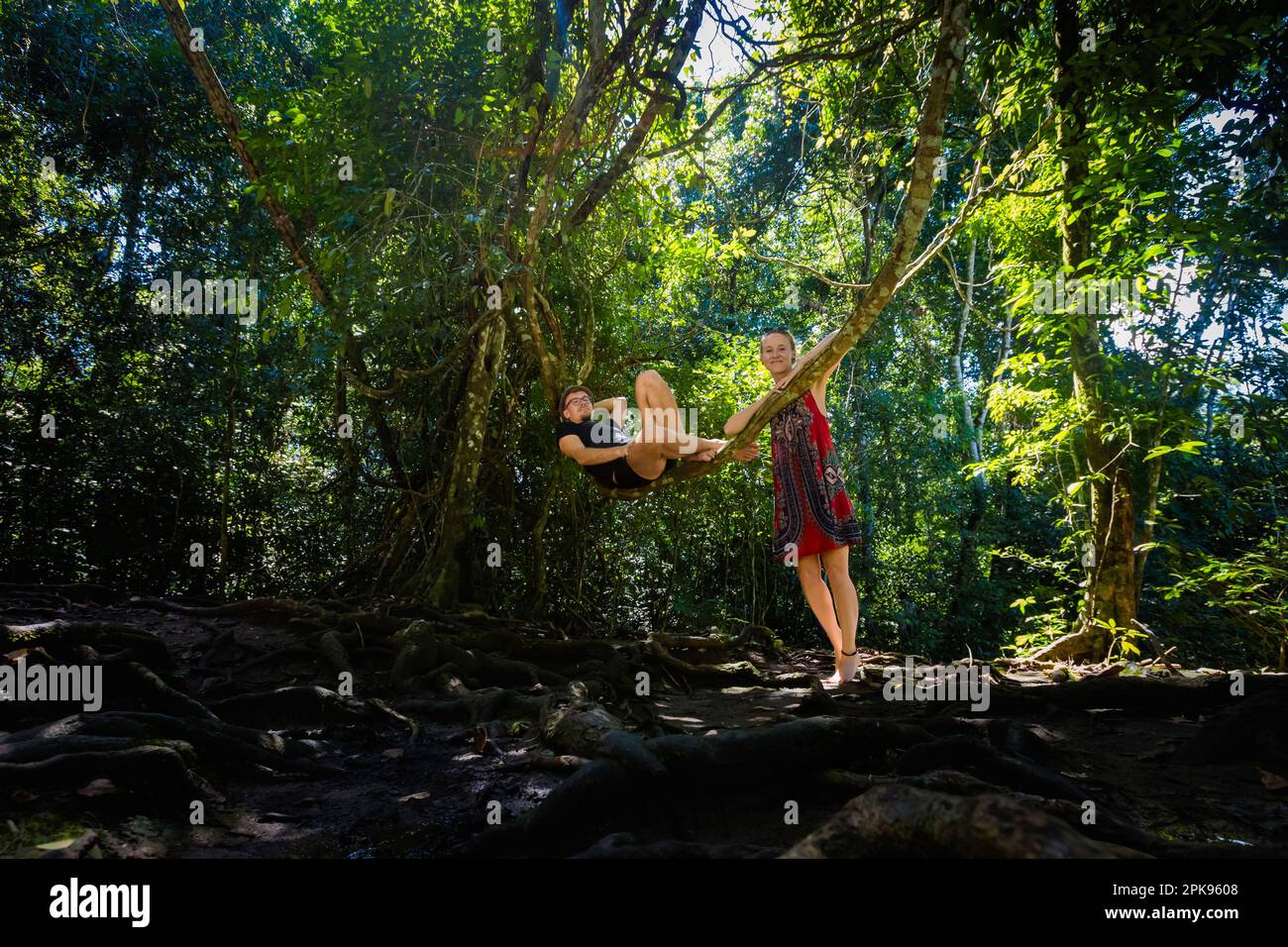 Young pretty couple man and woman in Roberto Barrios cascadas park ...