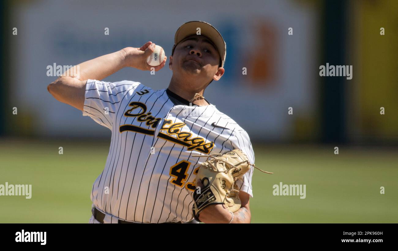 Long Beach State relief pitcher Julian Orozco (43) throws a pitch ...