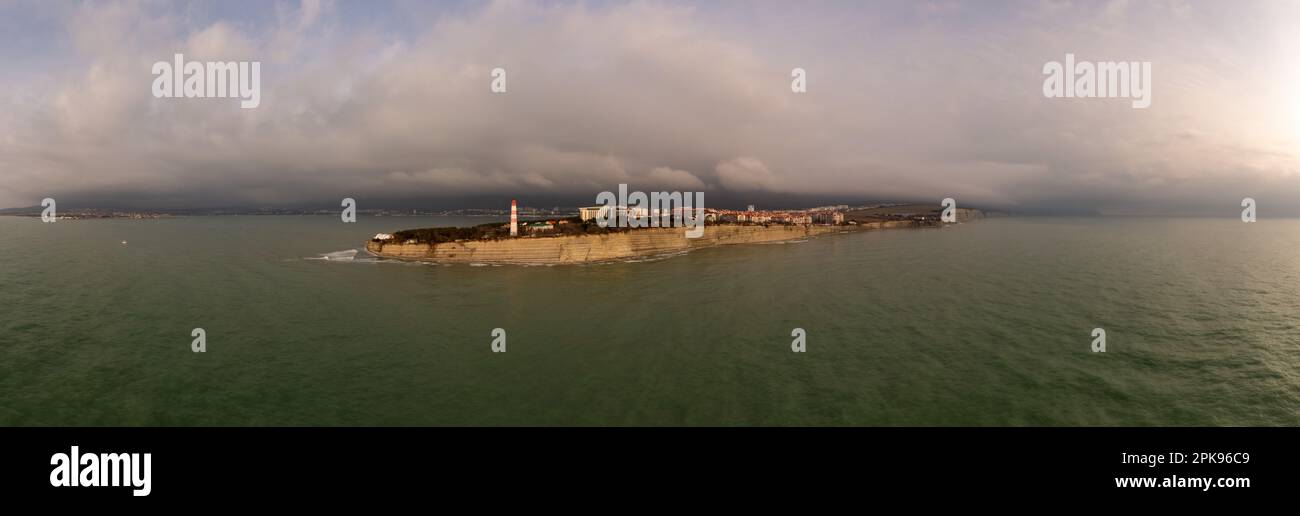 Aerial view of the lighthouse on Cape Tolsty in Gelendzhik, Russia ...