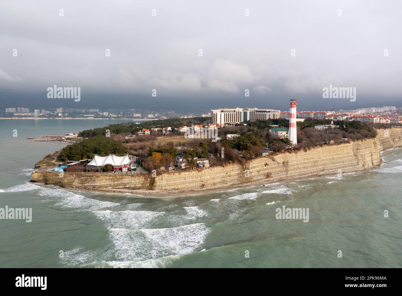 Aerial view of the lighthouse on Cape Tolsty in Gelendzhik, Russia ...